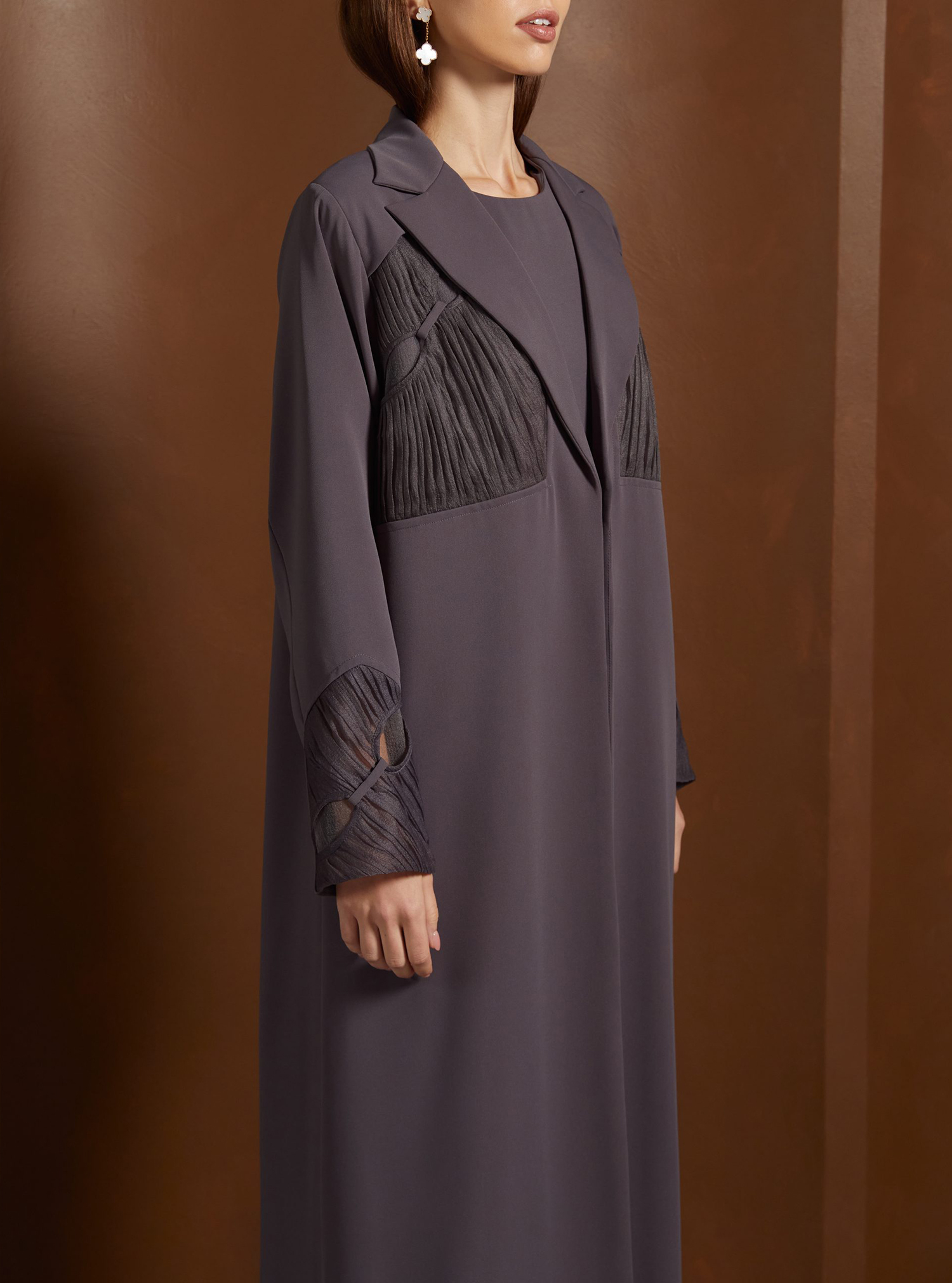 CHLOE CHARCOAL GREY OPEN ABAYA. DESIGNED WITH A CHIC COAT COLLAR AND ...