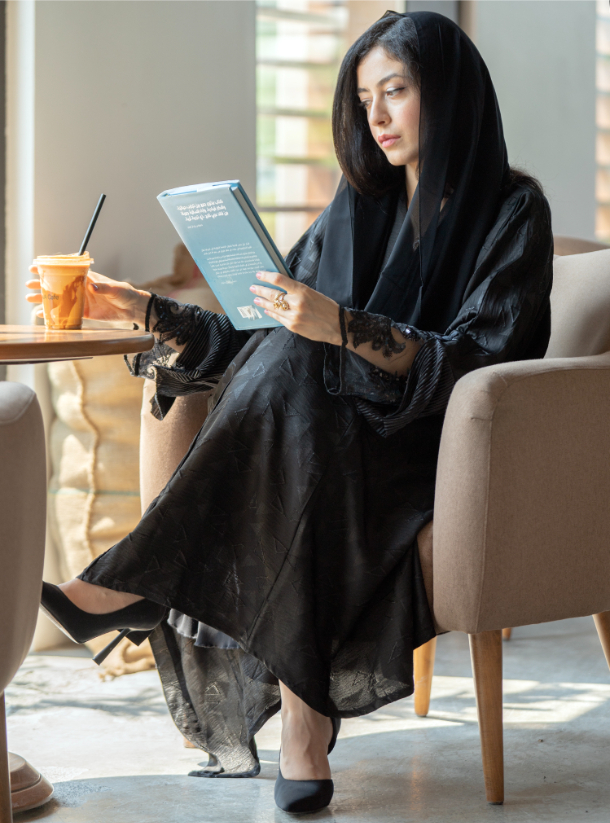 CS110 Jakard abaya with crinkled sleeve & embroidered net detailing ...