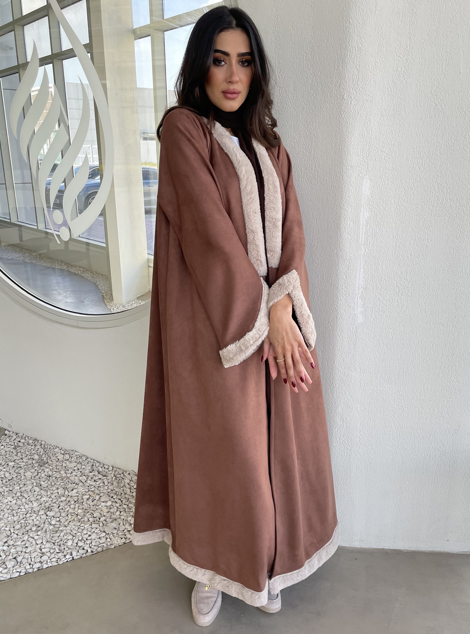 S091 Luxurious brown shamwah fabric abaya enhanced with fur detailing ...