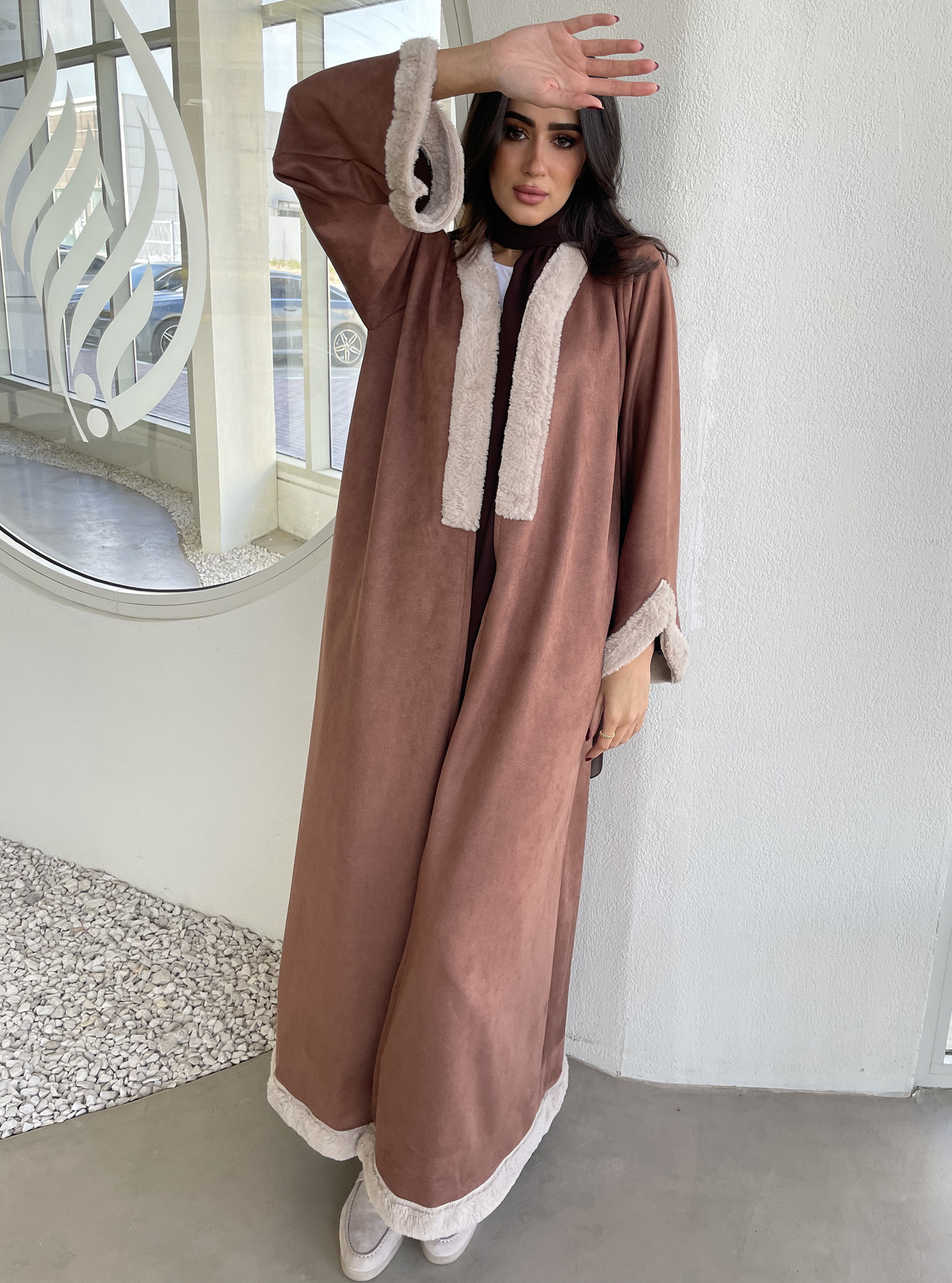 S091 Luxurious brown shamwah fabric abaya enhanced with fur detailing ...