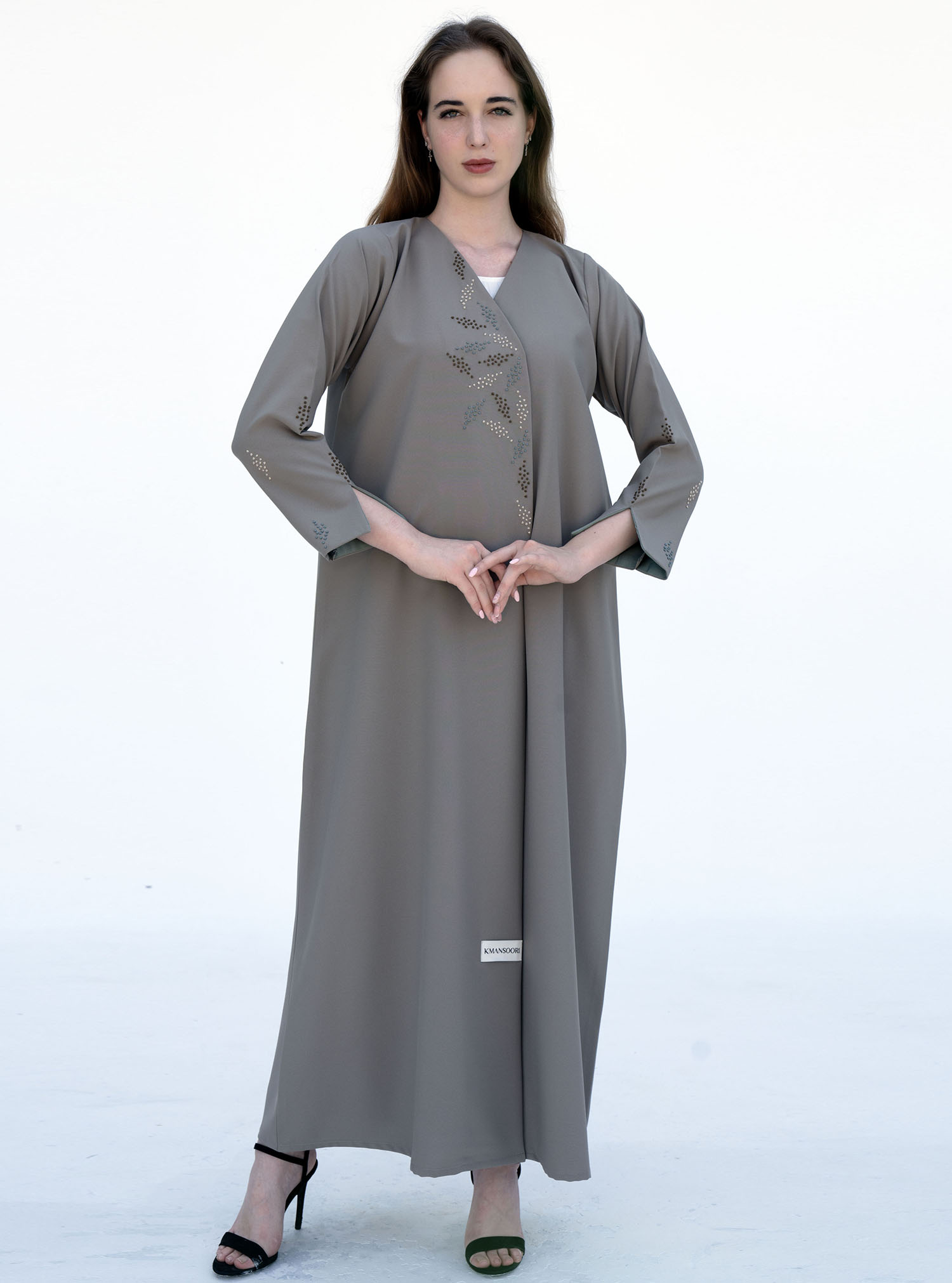 K1011-SEA GREEN Overlap Abaya With Colourful French Knot Embroidered ...