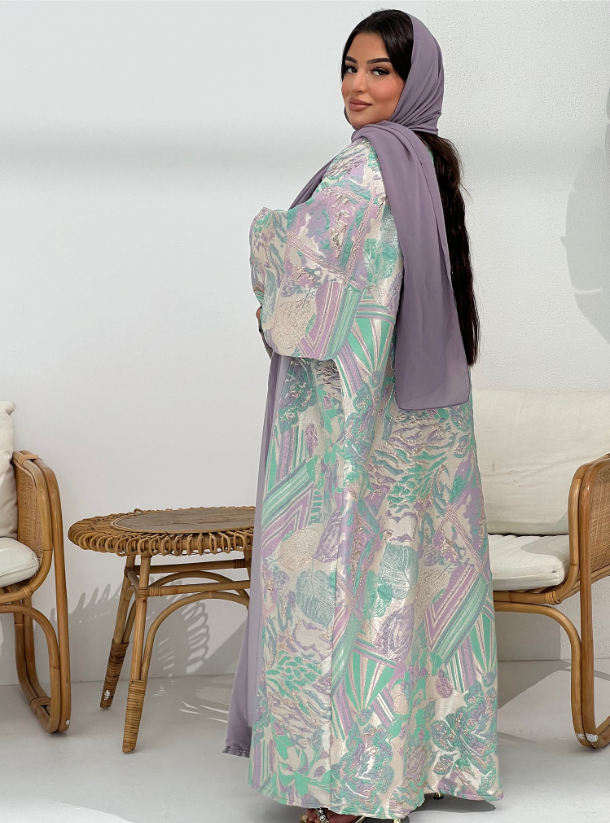 Houyame Abaya Lavender and Cyan brocade abaya with lavish design. Abayas from NAKAYA DUBAI at Boksha