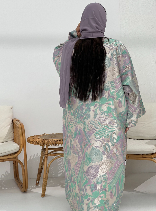 Houyame Abaya Lavender and Cyan brocade abaya with lavish design. Abayas from NAKAYA DUBAI at Boksha
