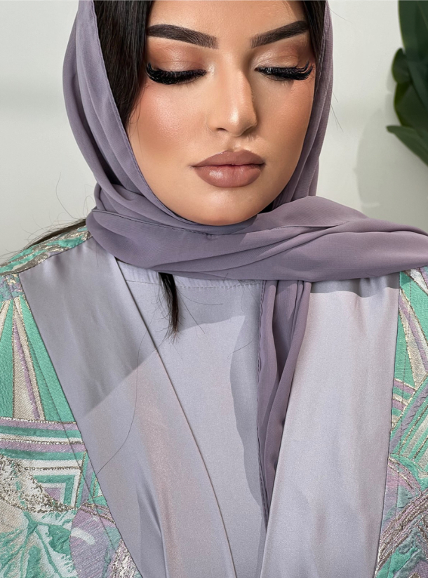 Houyame Abaya Lavender and Cyan brocade abaya with lavish design. Abayas from NAKAYA DUBAI at Boksha