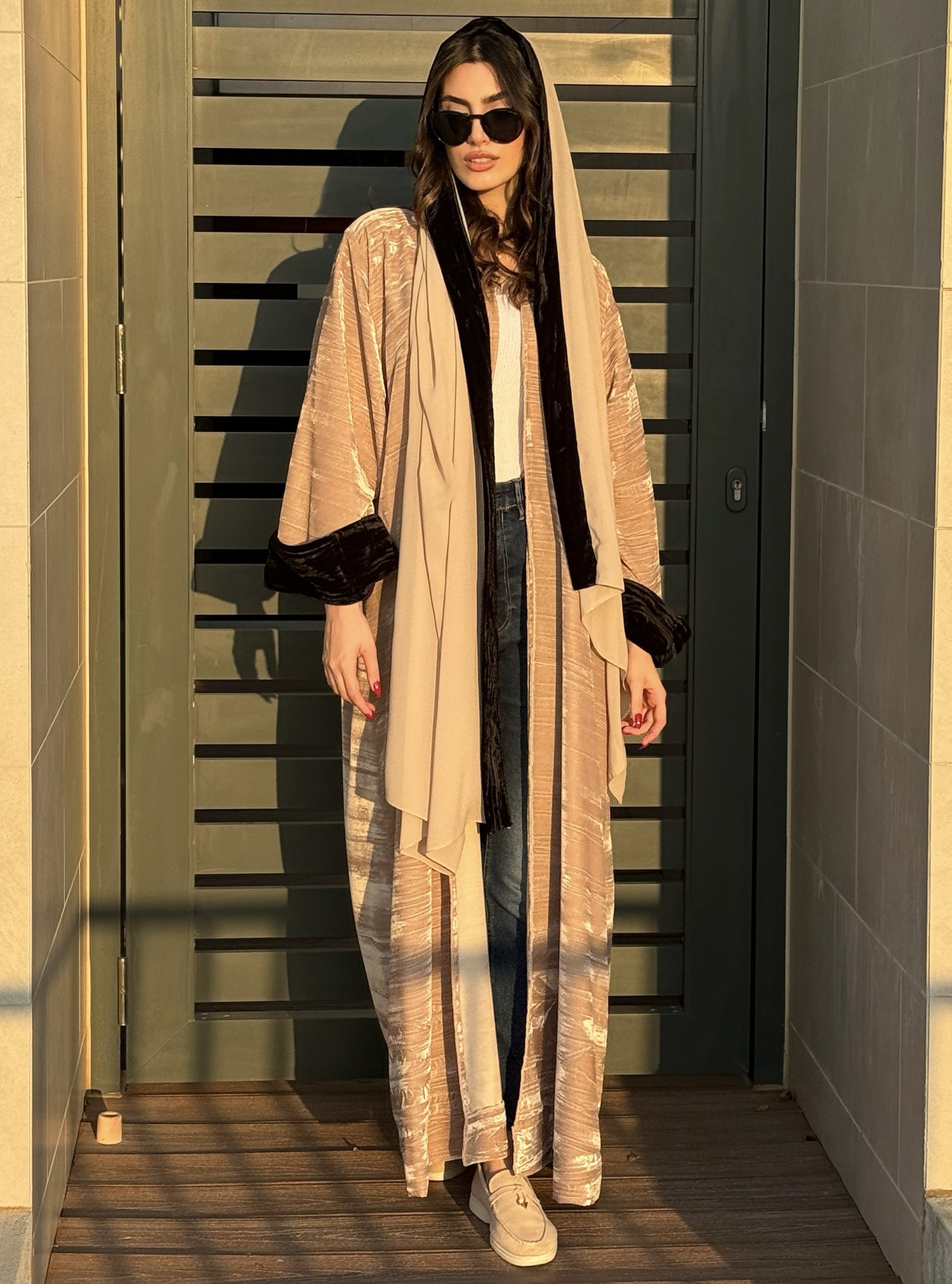 Velvet Abaya Beige Velvet Abaya With Scarf Abayas from Buhra at Boksha