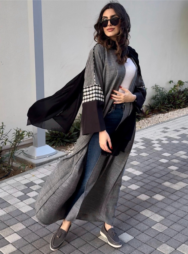 Gray Abaya Gray & Black Abaya With Scarf Abayas from Buhra at Boksha