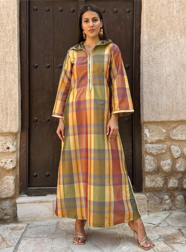 JORY KAFTAN Kaftan with hoodie embroidered with Moroccan lace Kaftans from Morbel kaftan at Boksha