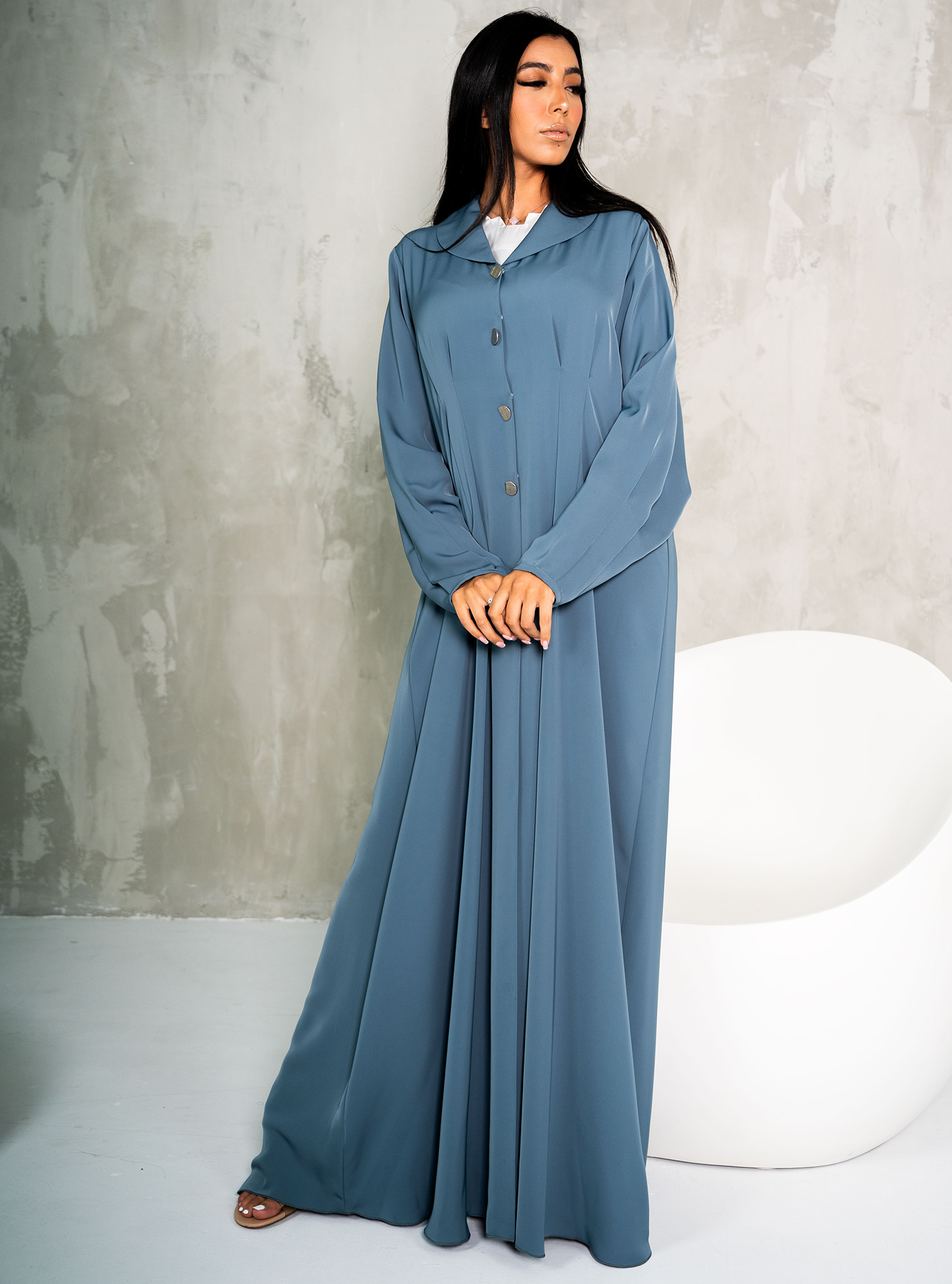 Colored Abaya Light blue collared abaya with buttons. With pleated ...