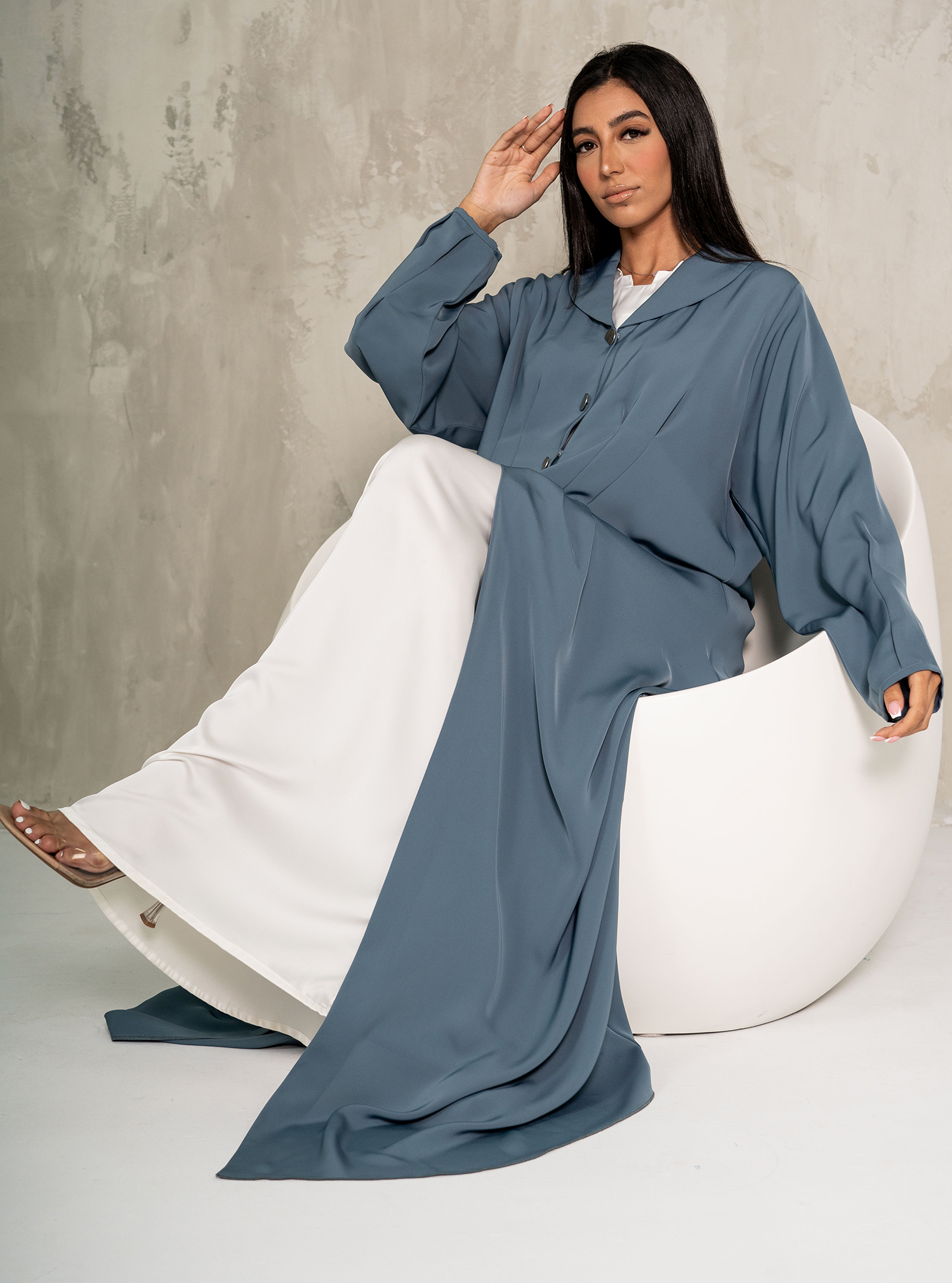 Colored Abaya Light blue collared abaya with buttons. With pleated waist and sleeves. Abayas ...