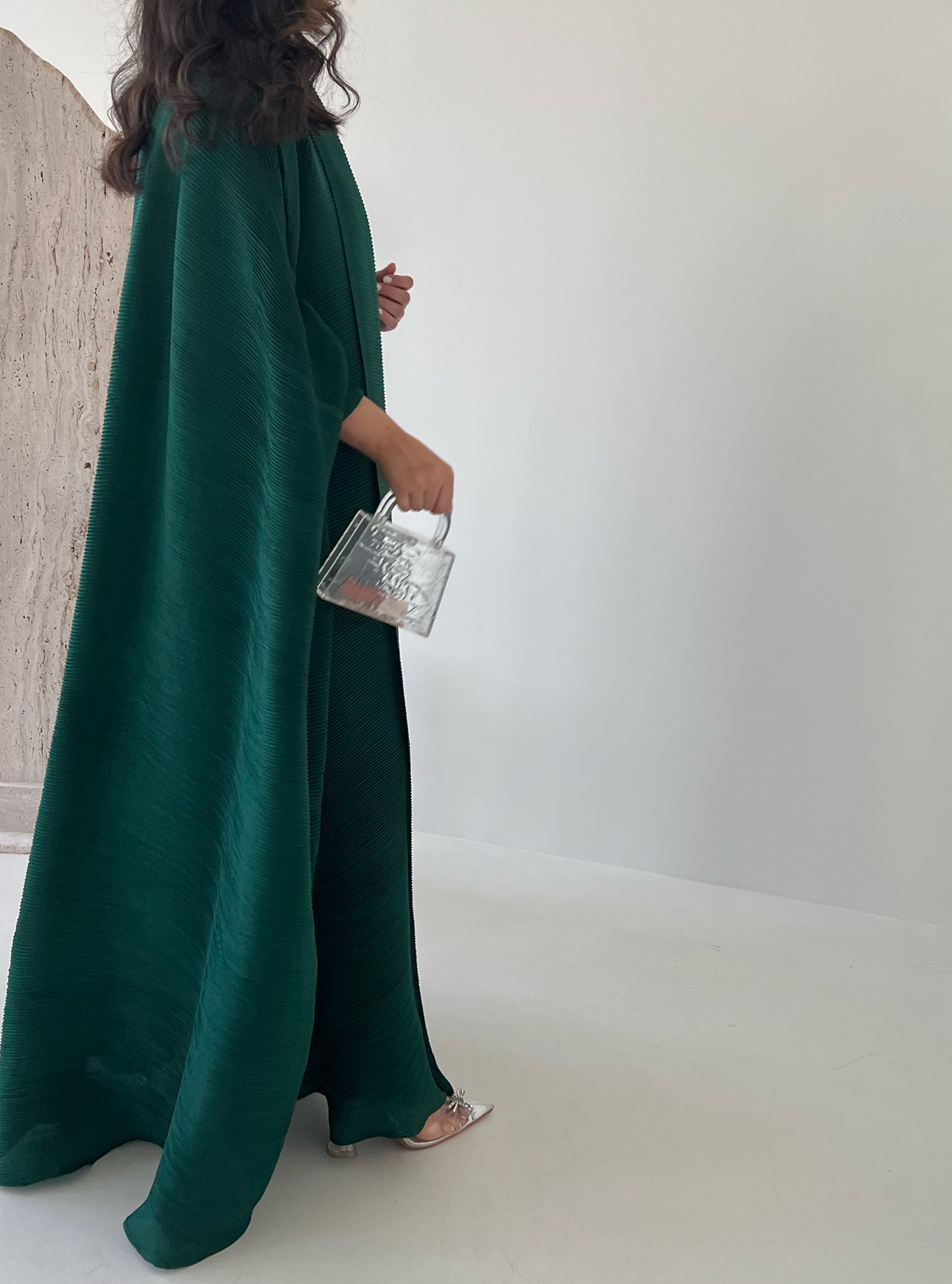 GREEN PLEATED Dark Green Pleated Abaya Abayas from Dar Noqoosh at Boksha