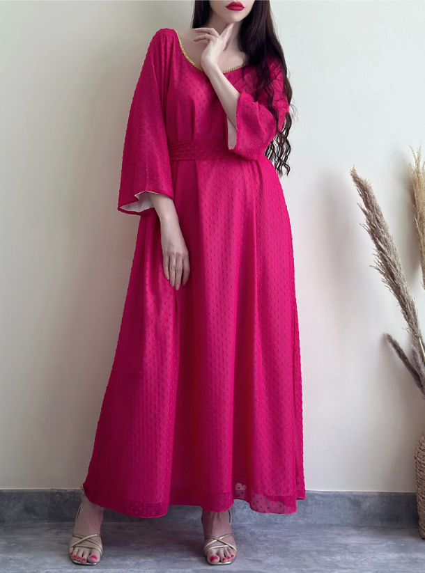 Bright pink Bright pink chiffon kaftan with lining decorated by gold ...