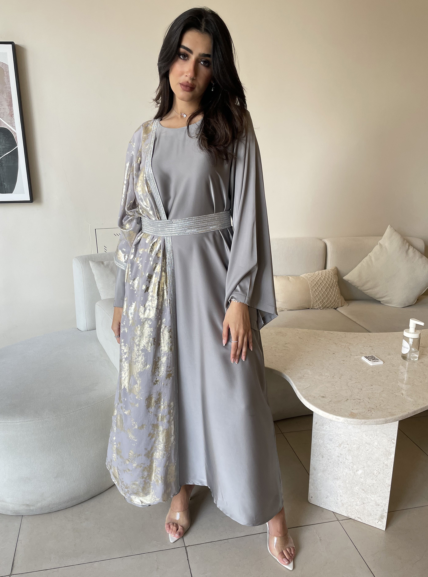 S108 Light grey Dress combine with lustrous fabric, accentuated by a ...