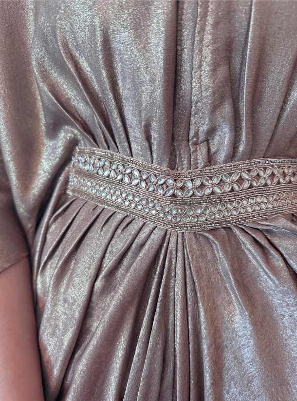 Shimmer kaftan Shimmer pleated kaftan in gold with handwork ...