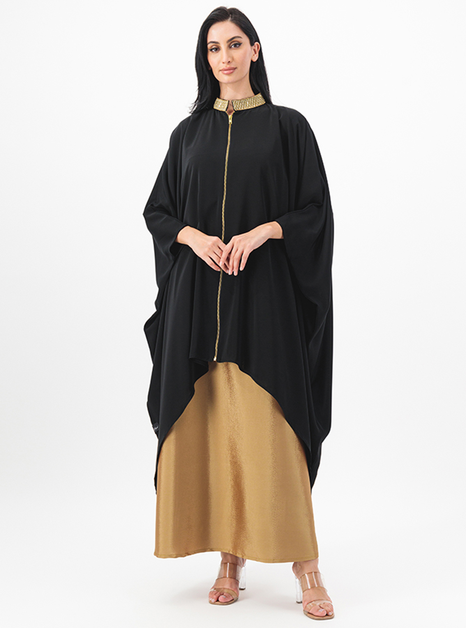 Black Gold 130 Collar embellished black abaya with statement zip paired ...