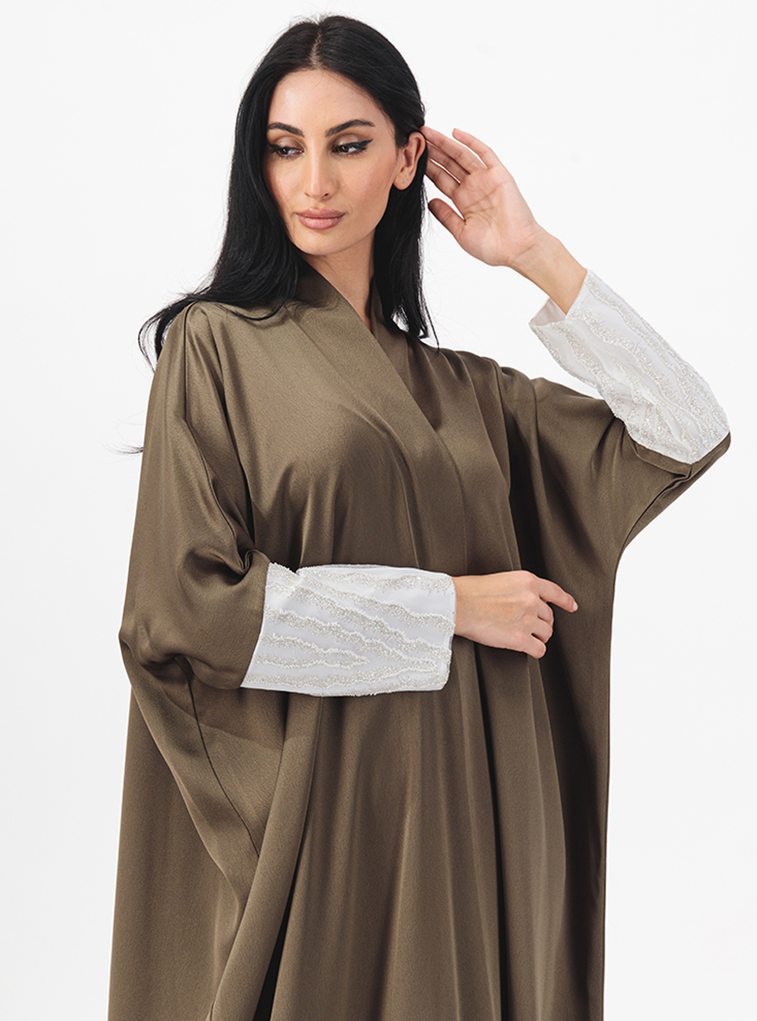 Olive Green Open abaya with white handworked sleeves. Abayas from Meem ...