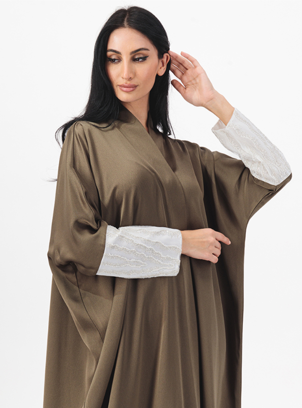 Olive Green Open abaya with white handworked sleeves. Abayas from Meem ...