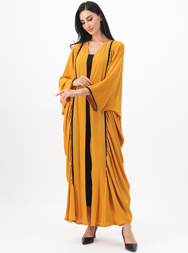 Mustard Yellow mustard yellow panelled pleated abaya with embellished ...