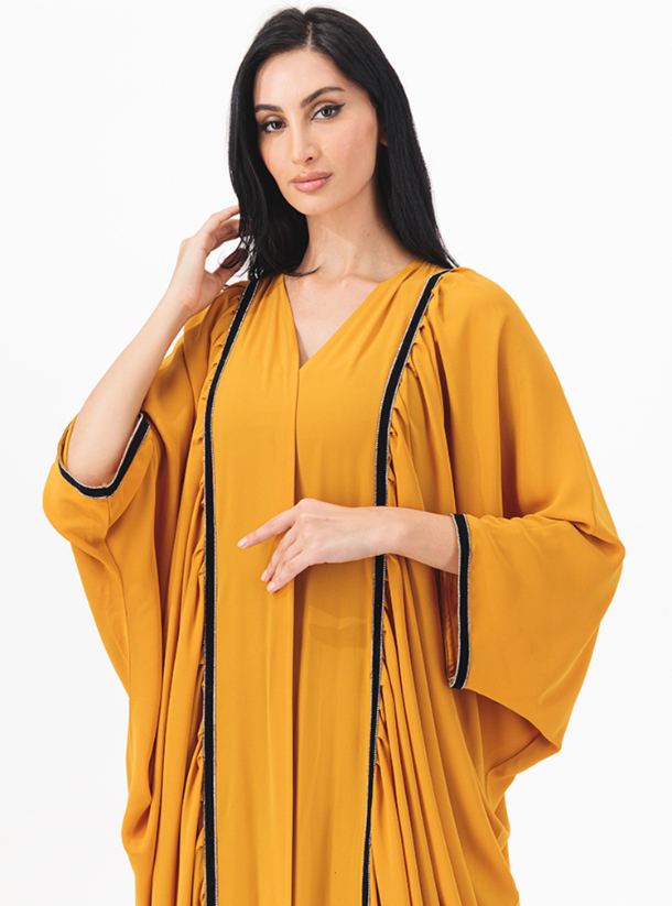 Mustard Yellow mustard yellow panelled pleated abaya with embellished ...