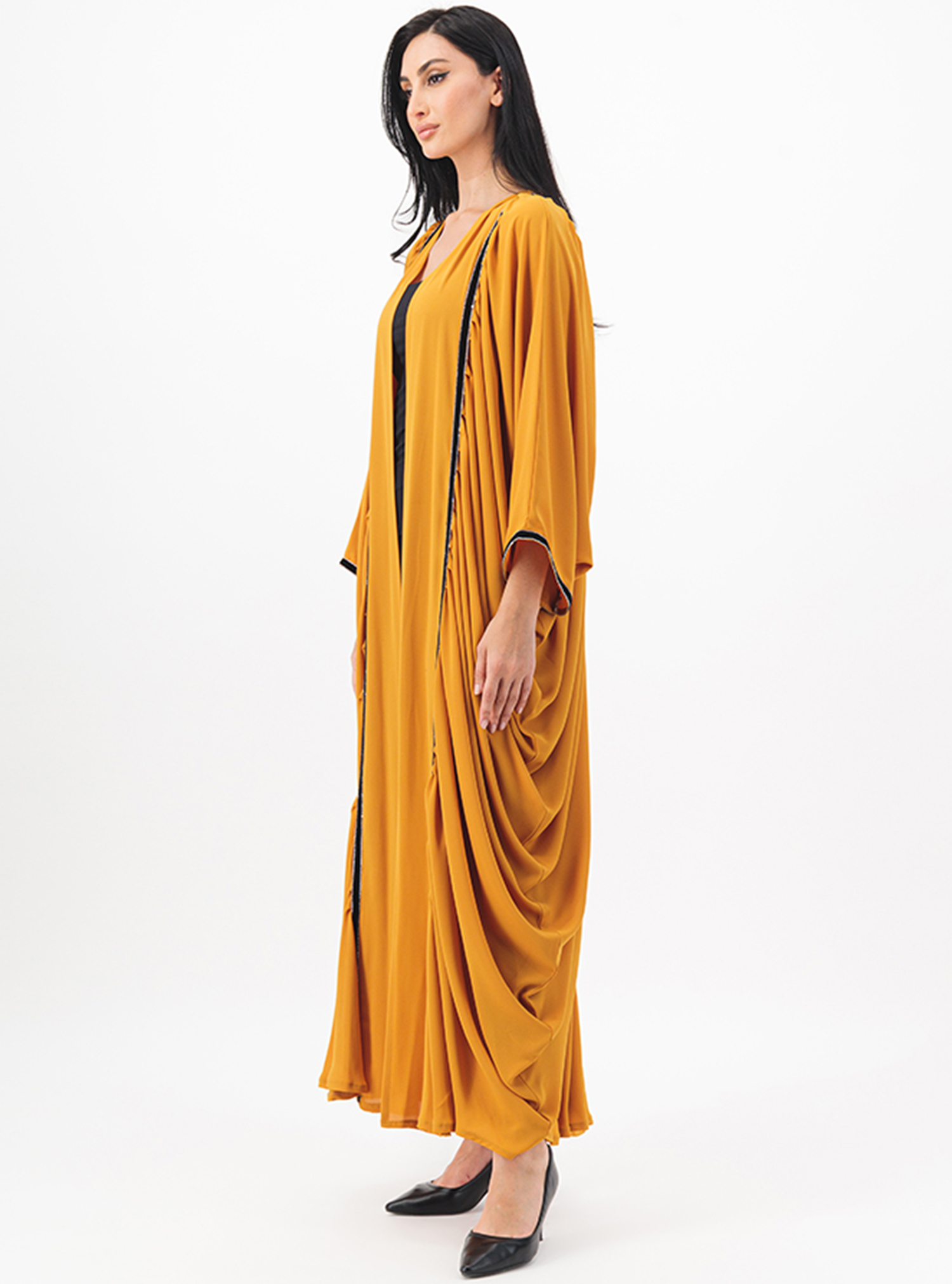Mustard Yellow mustard yellow panelled pleated abaya with embellished ...