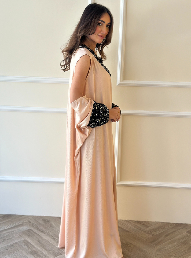 Modern Kaftan Beige and Sequenced Sleeves and Neckline Modern Jalabya ...