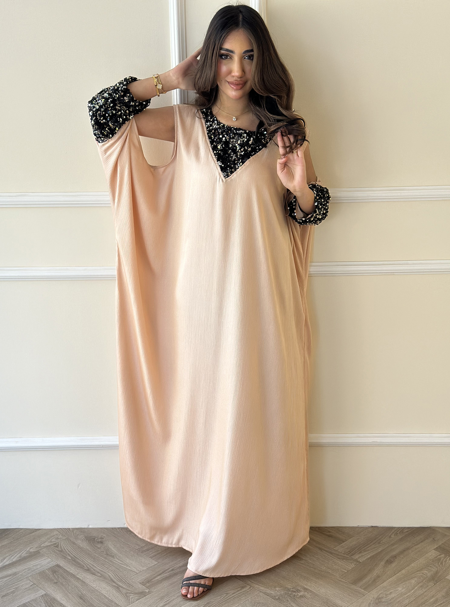 Modern Kaftan Beige and Sequenced Sleeves and Neckline Modern Jalabya ...