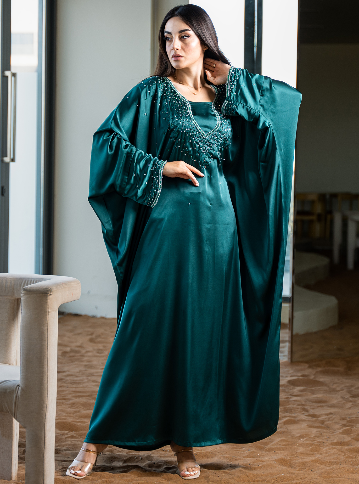 Emerald green emerald green hand embroidered dress with silk satan silk ...