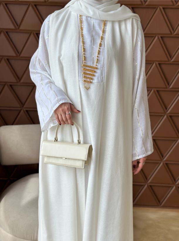 White Abaya Set White linen abaya set, featuring an inner dress with an ...
