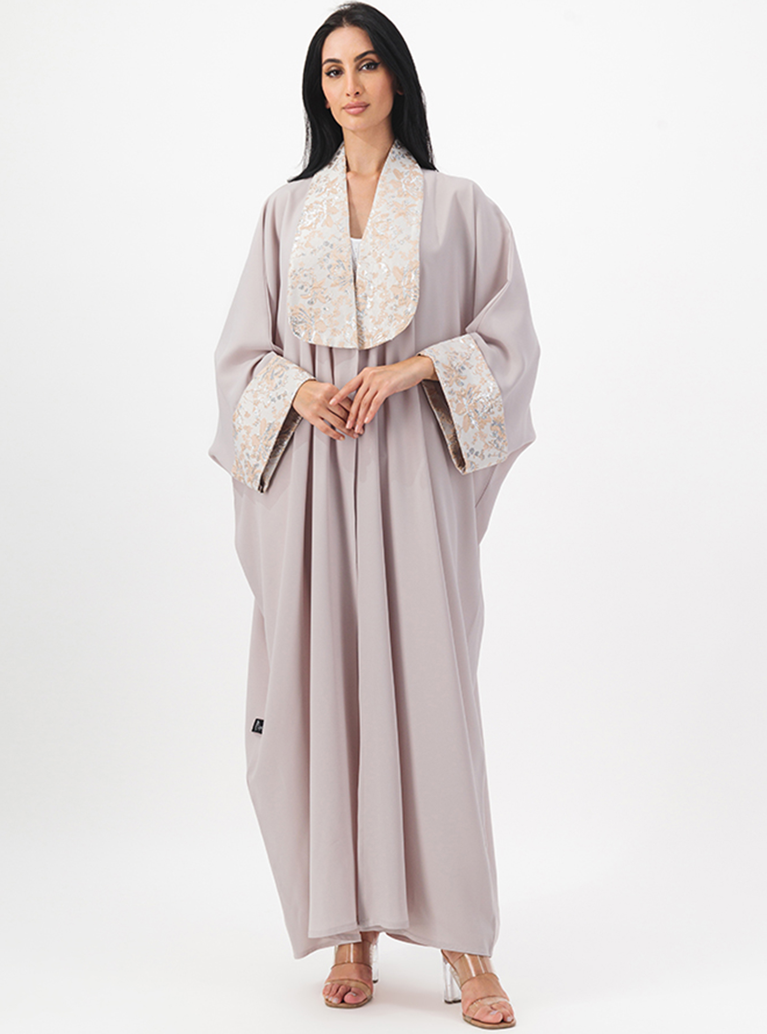 Taupe Abaya 158 Taupe color open abaya with embellished collar panels ...