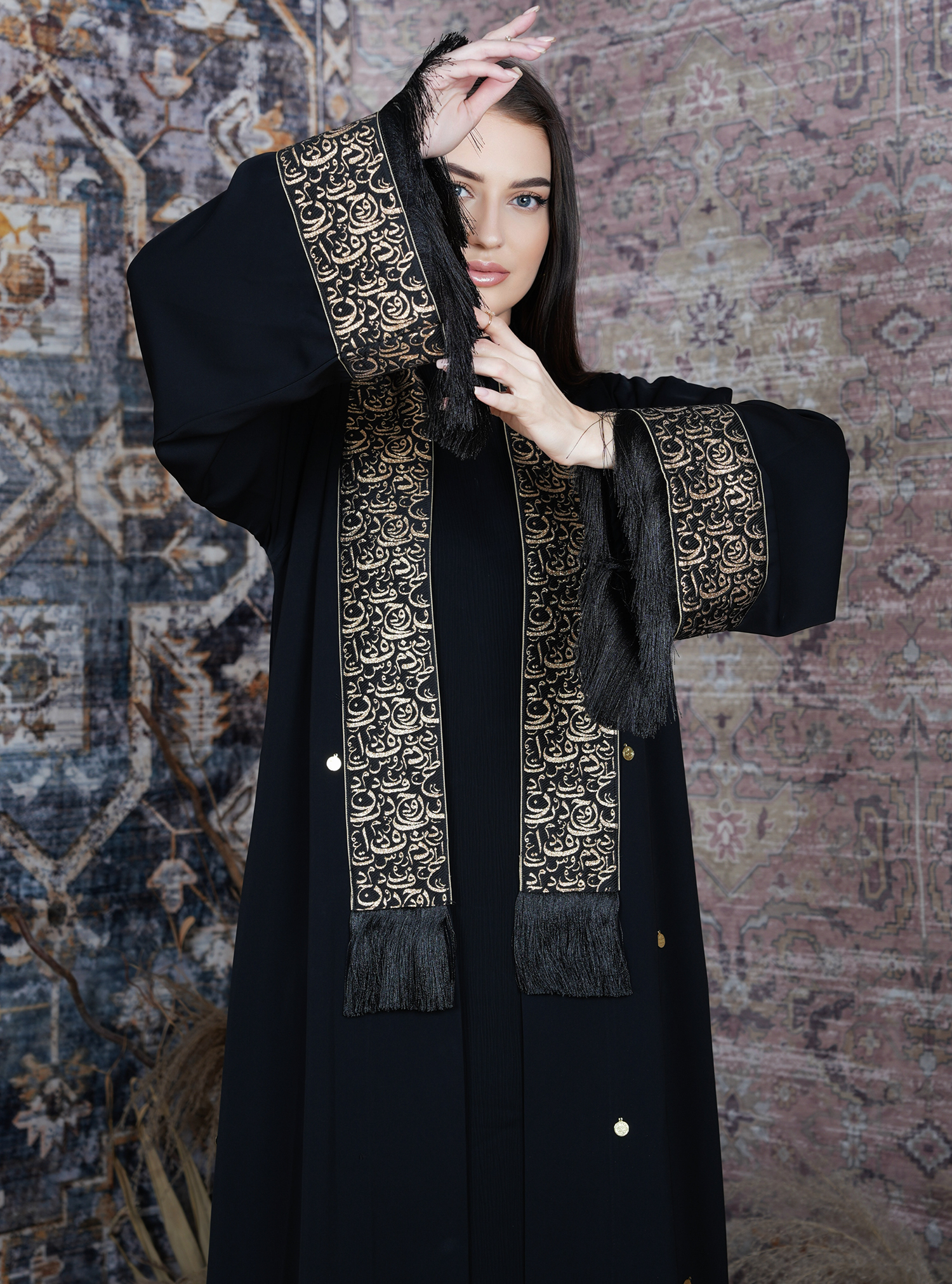 Moza abaya set Exquisite arabic calligraphy abaya adorned with coins ...