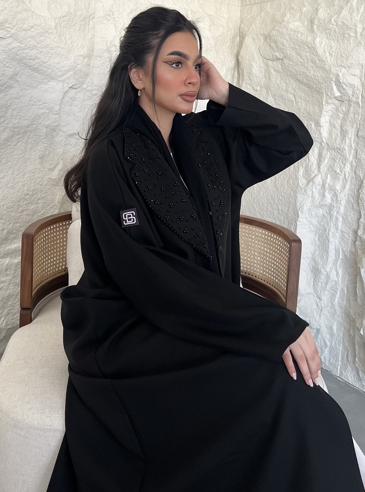 C9 Elegant black abaya with beads Abayas from Shelen Designs at Boksha