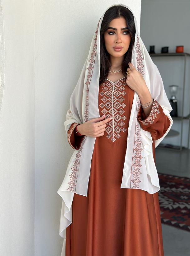 F02 Mukhawar Terracotta embroidered Mukhawar with headscarf. Mukhawar ...