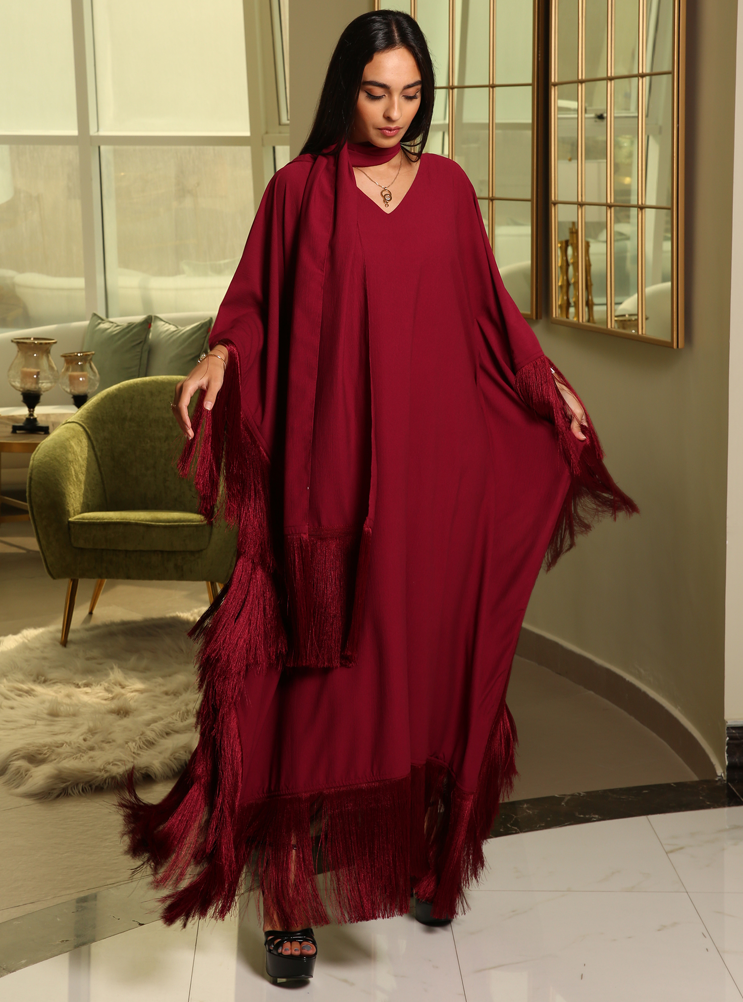 D2890M Plain Maroon tassels kaftan with scarf. Kaftans from ...