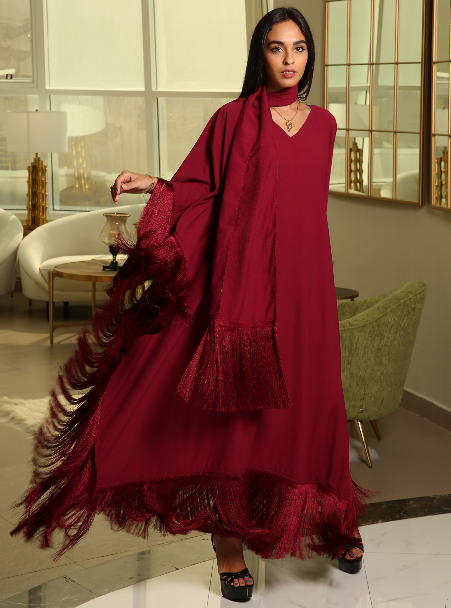 D2890M Plain Maroon tassels kaftan with scarf. Kaftans from ...
