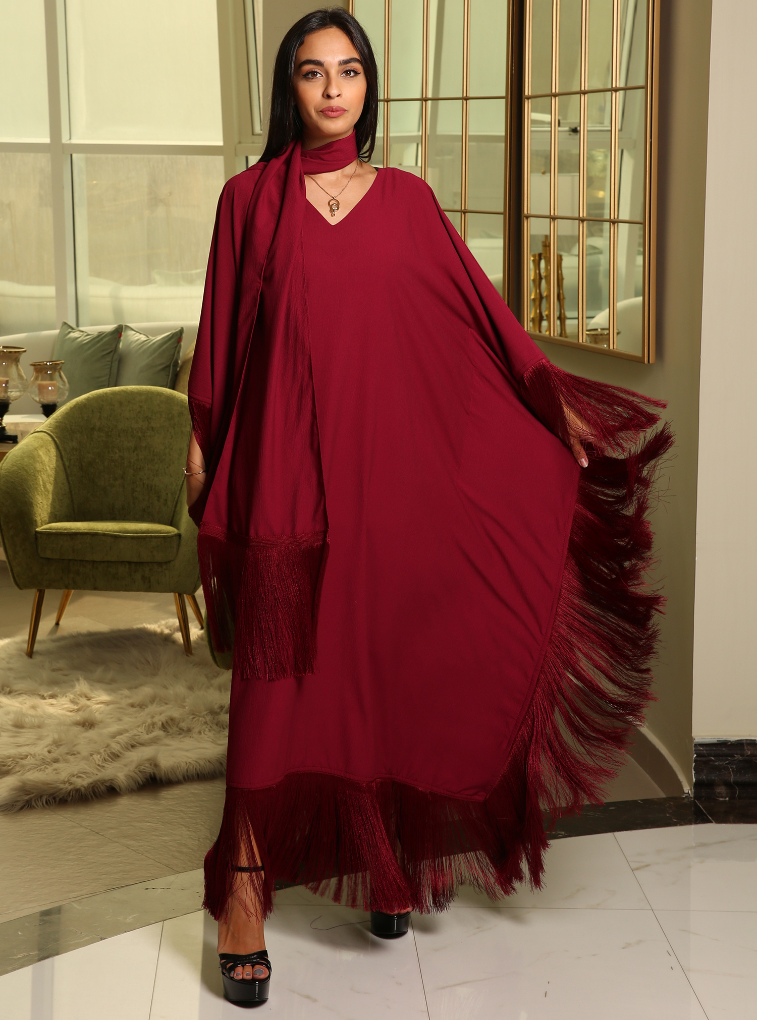 D2890M Plain Maroon tassels kaftan with scarf. Kaftans from ...