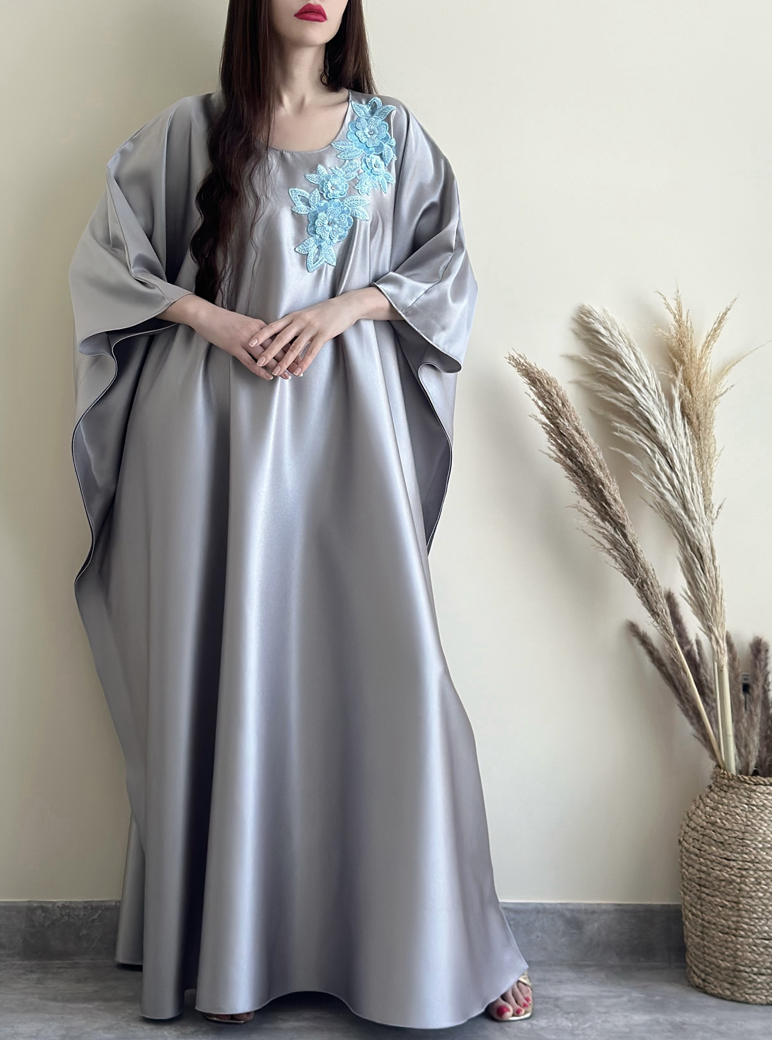 Silver blue Silver silk jacquard kaftan with 3D embroidery decorated by ...