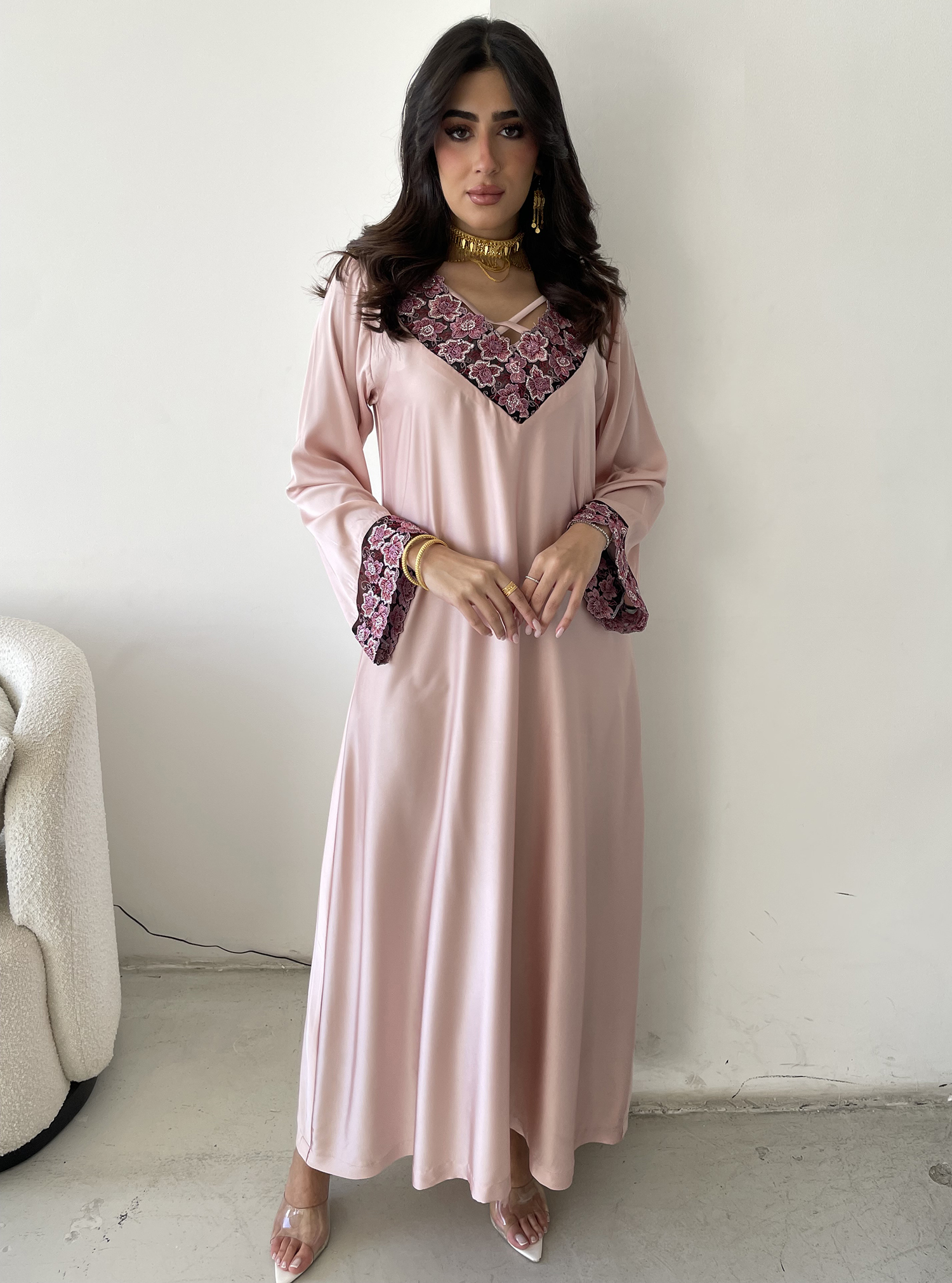 S127 Beige Mukhawar featuring black lace adorned with shimmering ...