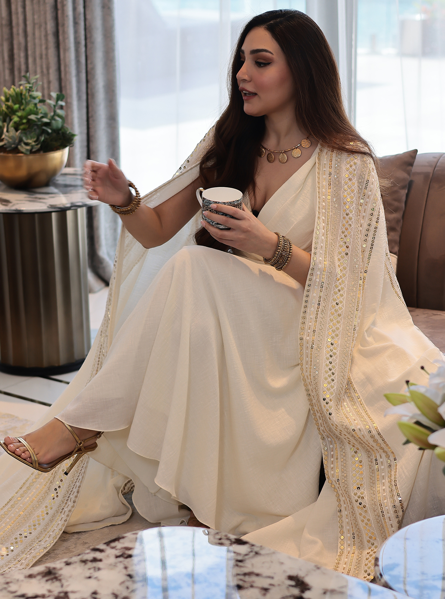 Dana -Off White Linen Kaftan with Belt Kaftans from Threads and Co at ...