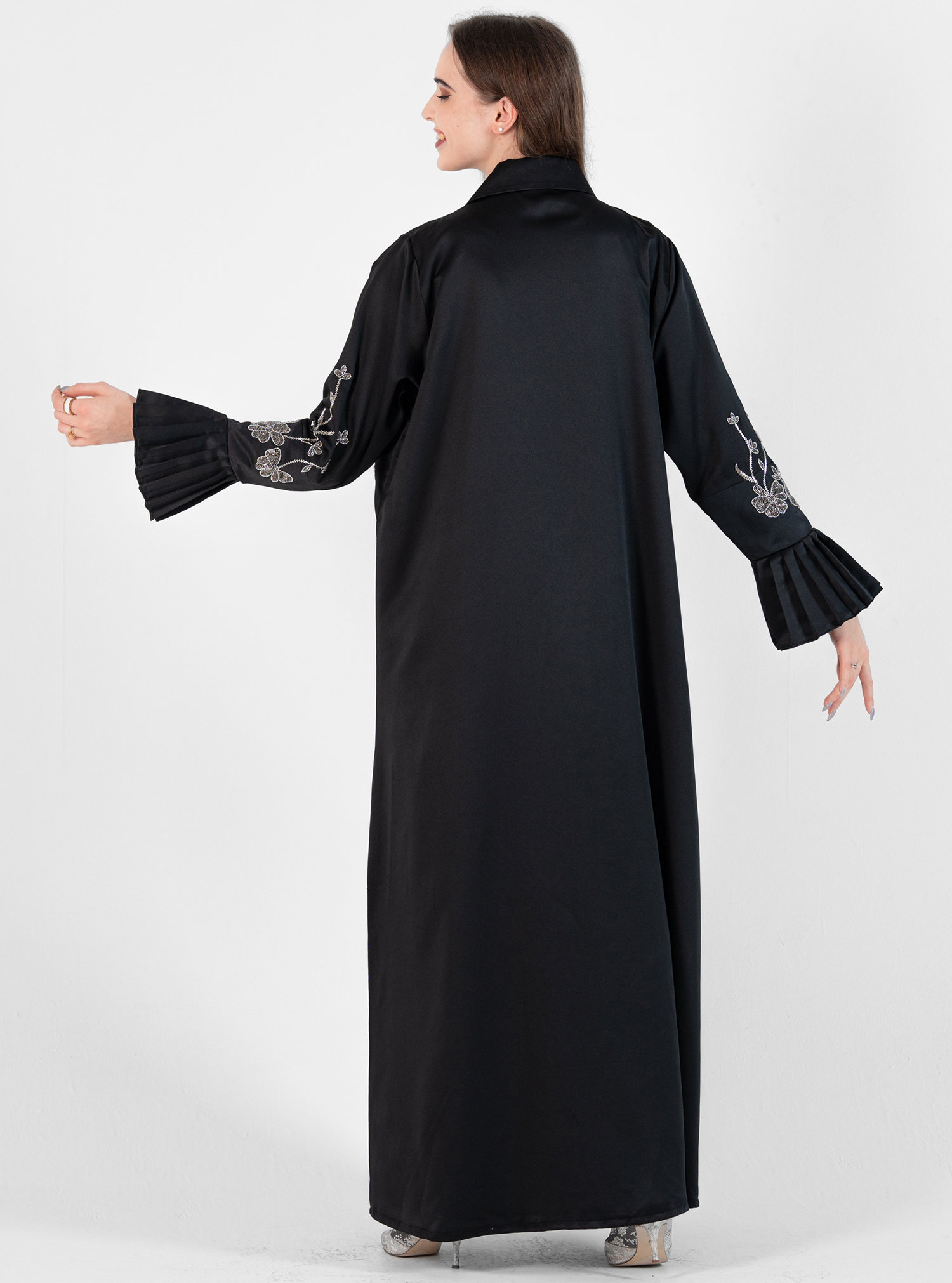 Black-R-202406 Abaya Jacket Style , Silver Flowers Embroidery , Pleated ...