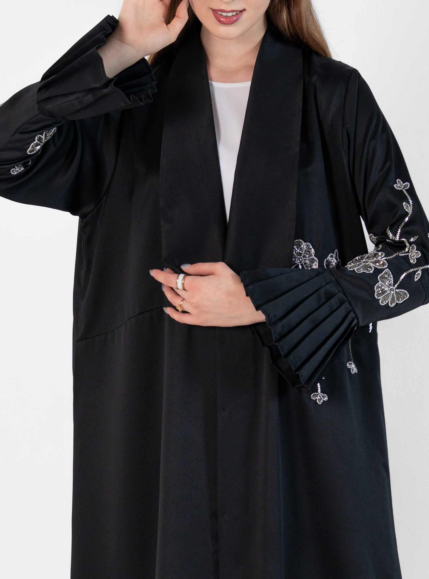 Black-R-202406 Abaya Jacket Style , Silver Flowers Embroidery , Pleated ...
