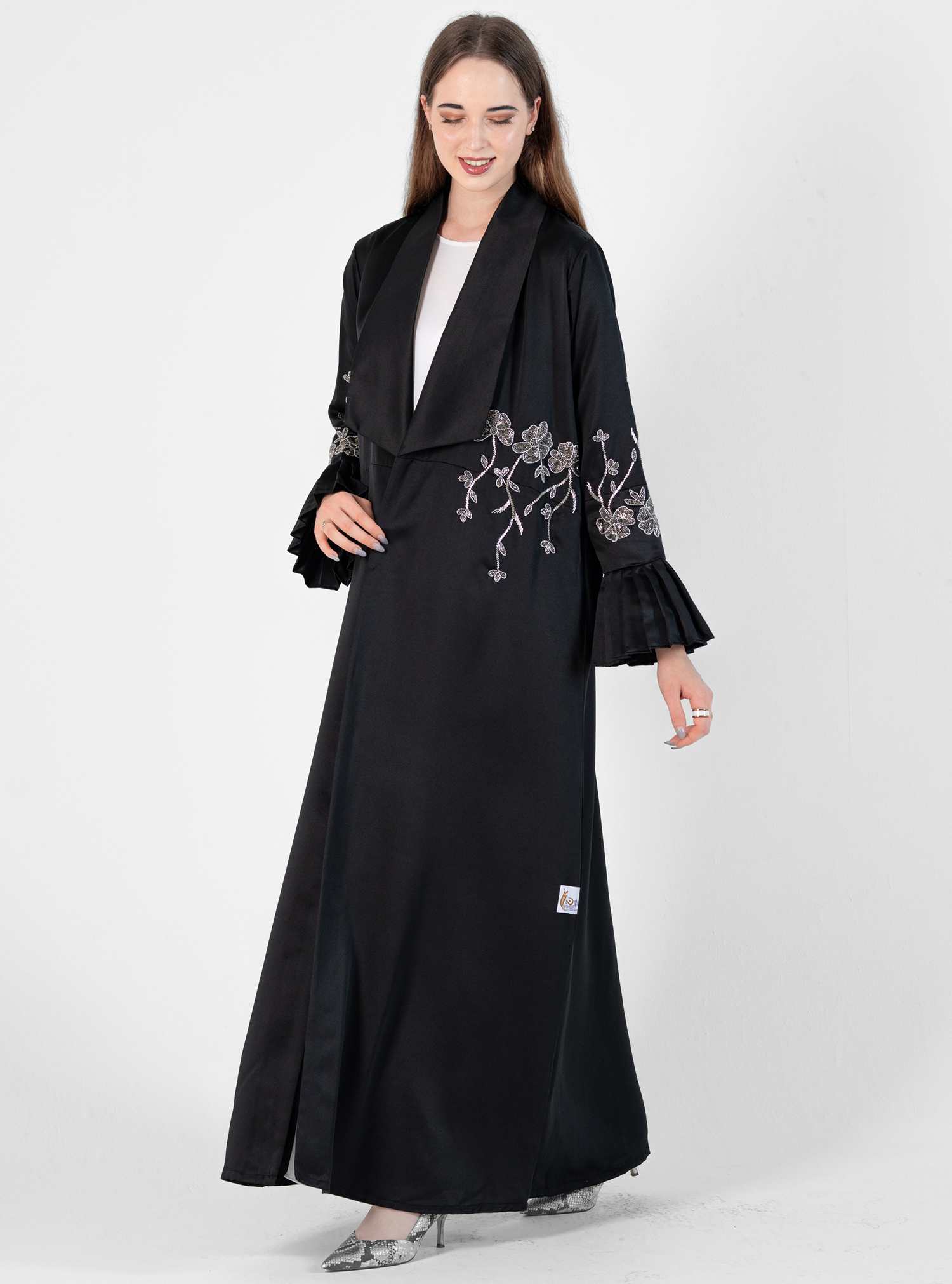 Black-R-202406 Abaya Jacket Style , Silver Flowers Embroidery , Pleated ...