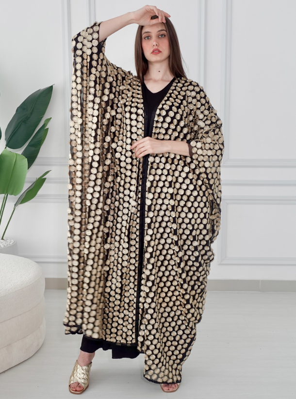 Bisht abaya black and gold tulle embroidered bisht Abayas from Brokar ...