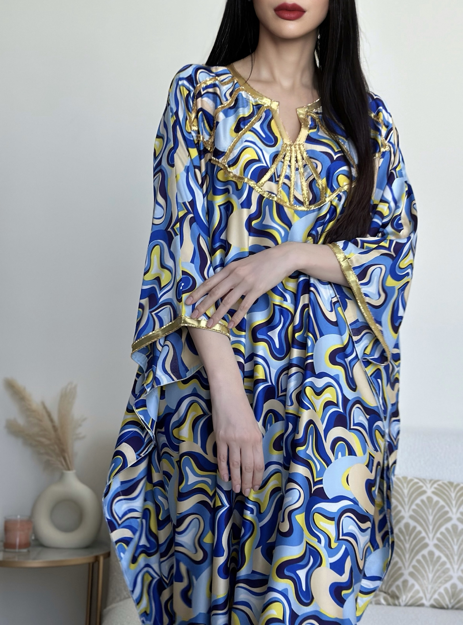 Pattern silk Abstract print silk kaftan with gold embellishments ...