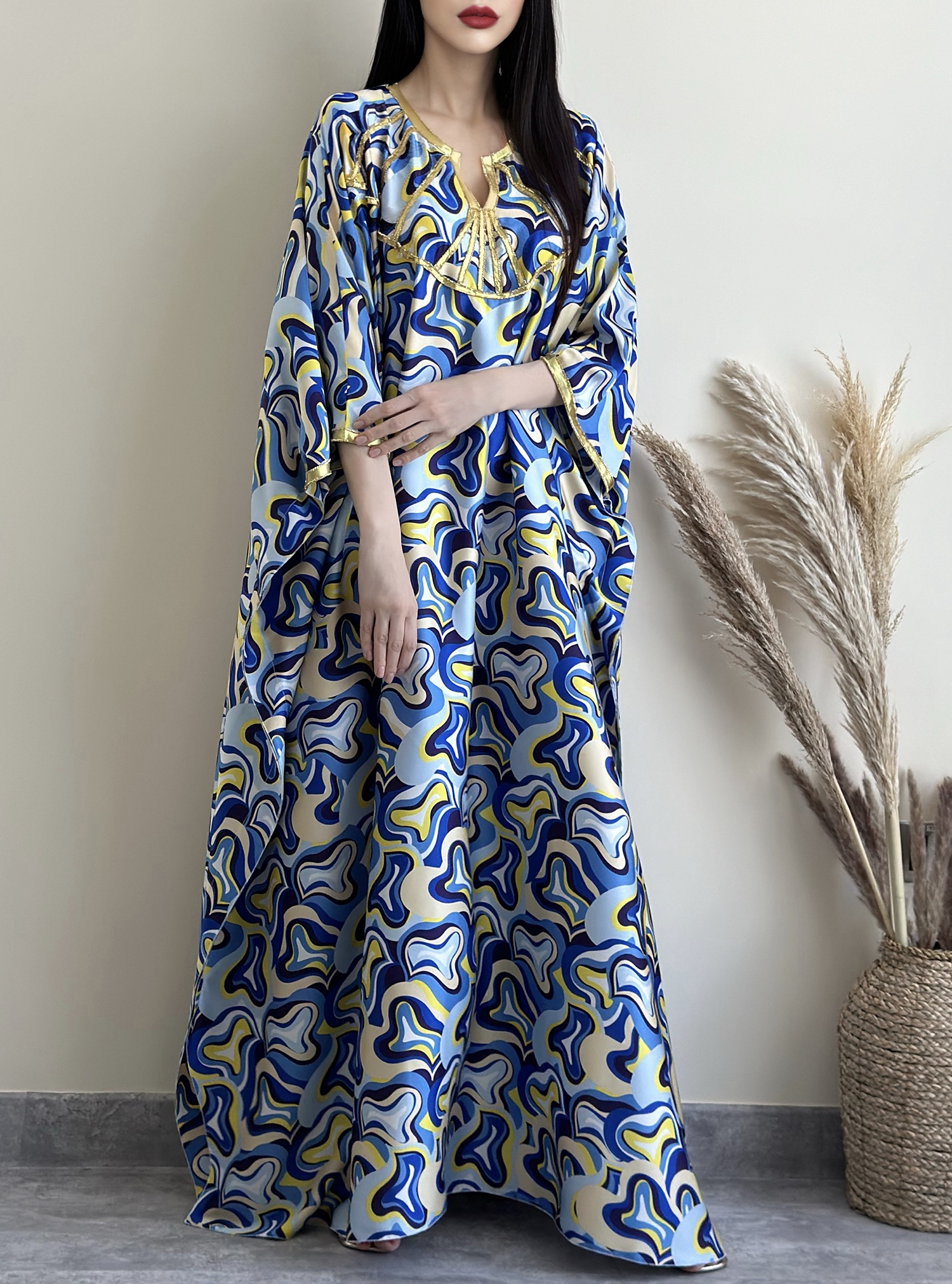Pattern silk Abstract print silk kaftan with gold embellishments ...