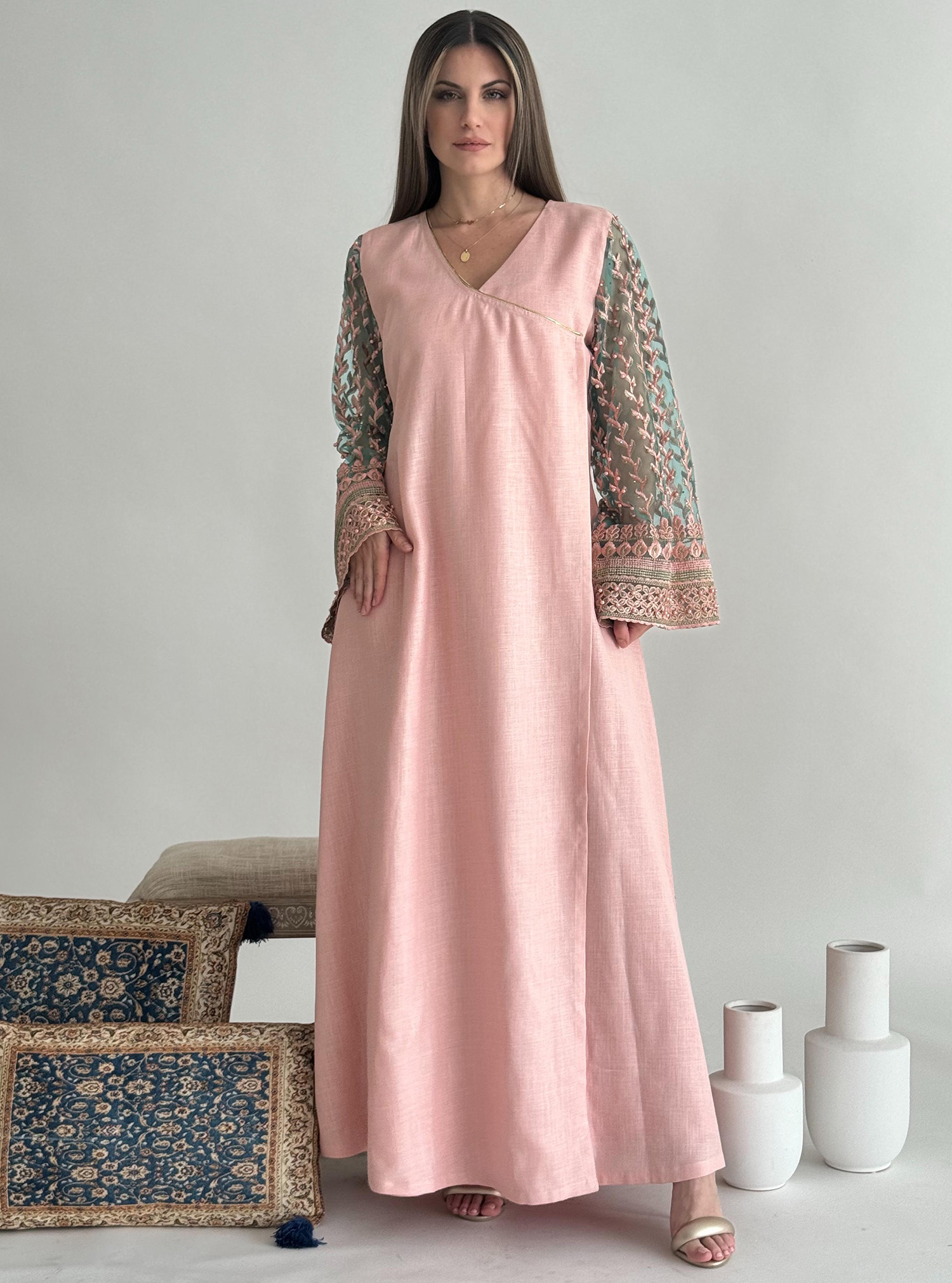 Peach wrap Pure linen kaftan with linning and fully emrodiered and ...