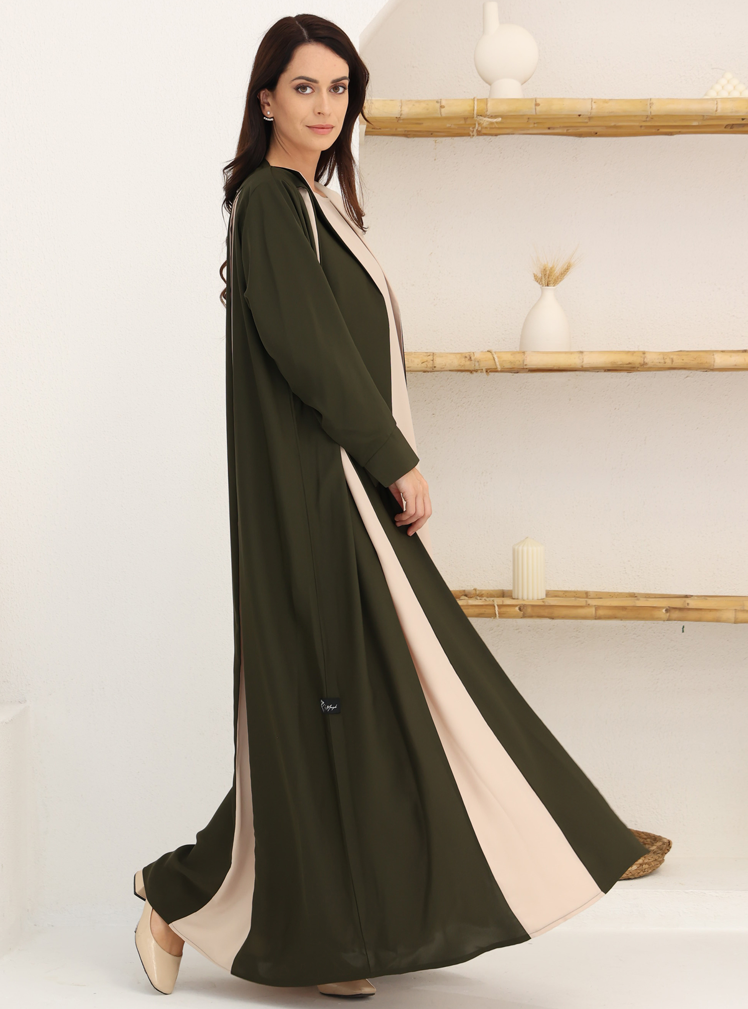 Olive Green Open coat style abaya with pleats in contrasting beige. Abayas from Meem by Mariyah ...