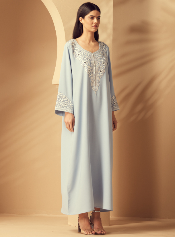 MKA - R24J03 Baby blue crepe kaftan adorned with beautiful white ...