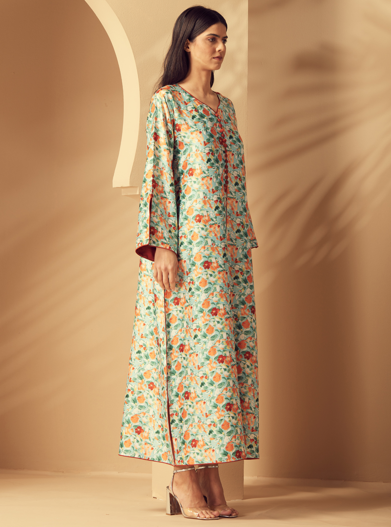 MKA - R24J04 light tiffany blue modern kaftan with bright floral ...