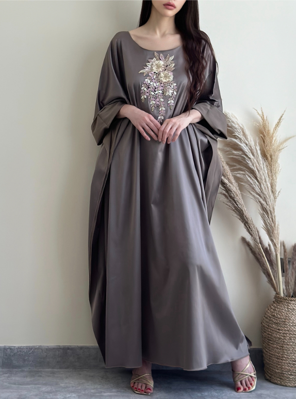 Mocha silk Mocha silk satin flowy kaftan with 3D embroidery. Kaftans ...