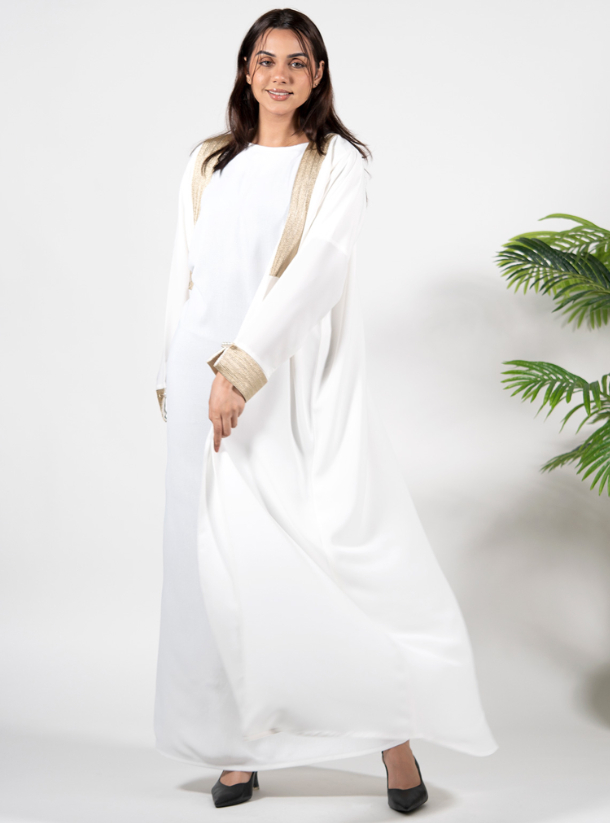 Alif-39 Casual white abaya with lace on front and sleeves. Comes with a ...