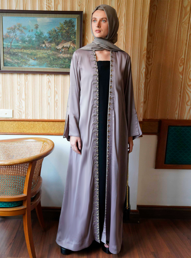 Reyhana Stunning grey abaya adorned with exquisite embellishments and matching headscarf. Abayas ...